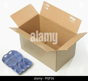 empty open cardboard box on wooden surface with empty space Stock Photo ...