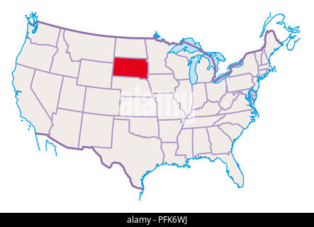 The State of South Dakota is Highlighted in Red. Blue Map of the United ...