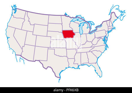 Iowa red highlighted in map of the United States of America Stock Photo ...