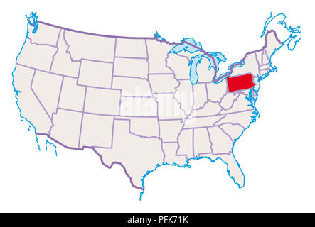 The State of Pennsylvania is Highlighted in Red. Blue Map of the United ...