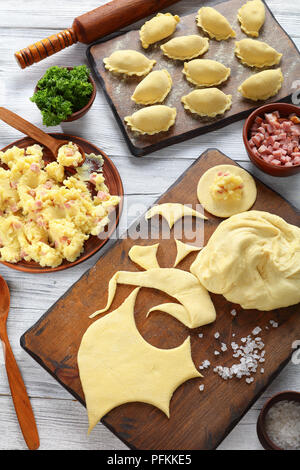 Raw Dough with Potato Filling for Cooking Buckwheat Pierogies Stock ...
