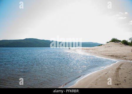 View of the Zhiguli mountains in the Samara region, Russia. Cloudy day ...