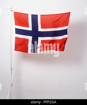 Close-up view of the Norway national flag waving in the wind. Norway is ...