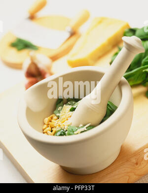 Cooking ingredients and utensils on stone table. Top view with ...