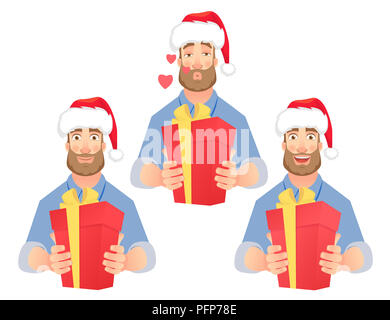 Man gives a gift. Man holding red present box. Red santa hat ...