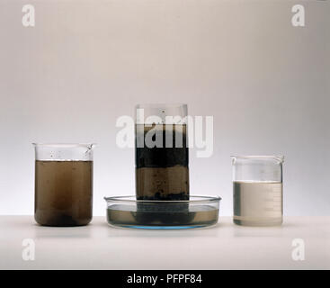 Two beakers, one bottle cut down, showing filtration method for dirty ...