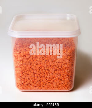 Red lentils in a plastic container, macro, isolated on a white ...