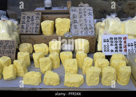 Blocks of sulfur / sulphur for sale at Mount Aso the largest volcano in ...
