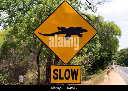 Crocodile warning sign, on the roadside, National Park, Queensland ...
