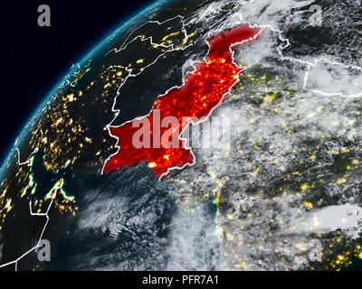Pakistan on Earth at night with visible country borders. 3D ...