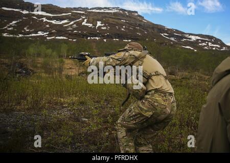 A Norwegian Coastal Ranger Commando (KJK) assesses a simulated casualty ...