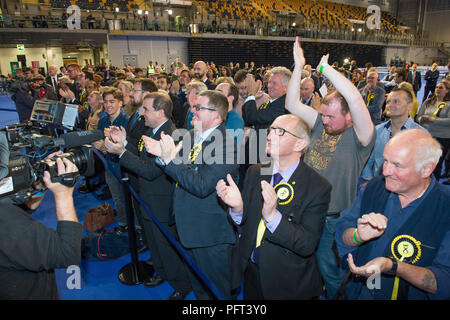 Crowd react with joy as Carol Monaghan SNP Glasgow North West candidate ...