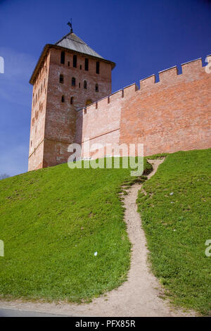 Ancient towers of the Novgorod Kremlin on a sunny March day. Veliky ...