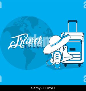 Travel the world with diving fins hat and camera vector illustration ...