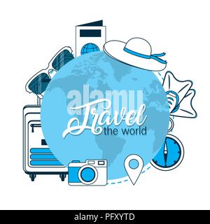 Travel the world with diving fins hat and camera vector illustration ...