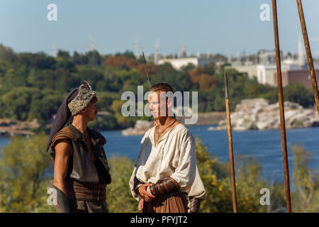 Cossack conversation on the island of Khortytsya. Zaporozhye, Ukraine ...