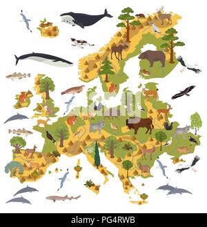 Flat European flora and fauna map constructor elements. Animals, birds ...