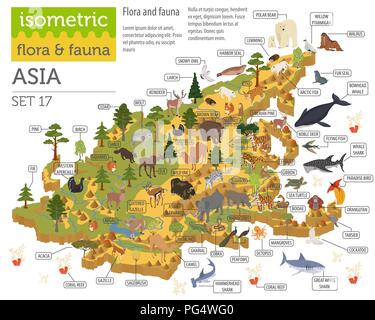 Isometric 3d Asian flora and fauna map constructor elements. Animals ...