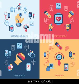 Digital vector health sensor icons set with drawn simple line art info ...