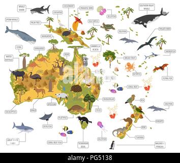 Australia and Oceania flora and fauna map, flat elements. Animals ...