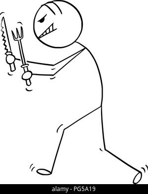 Cartoon of Hungry Man With Fork and Knife Waiting for Food Stock Vector ...