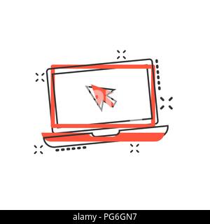 Vector cartoon laptop notebook with mouse cursor icon in comic style ...