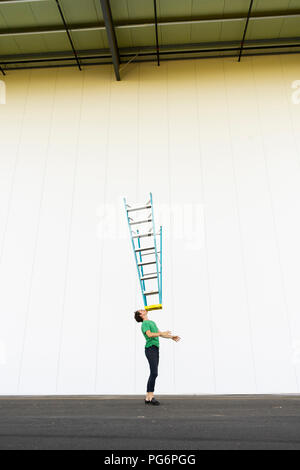 Acrobat balancing on ladder Stock Photo - Alamy