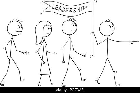 Cartoon of Leader With Flag Leading a Team of Business People Stock ...