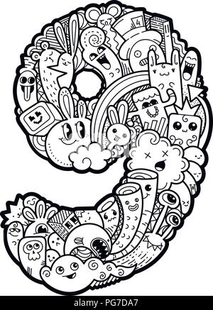 Groovy math number nine cartoon character. Vector funky 9 personage ...