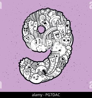 A cartoon illustration of a number nine monster smiling and happy Stock ...
