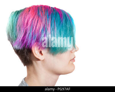 female profile with multi colored dyed hairs on white background Stock ...
