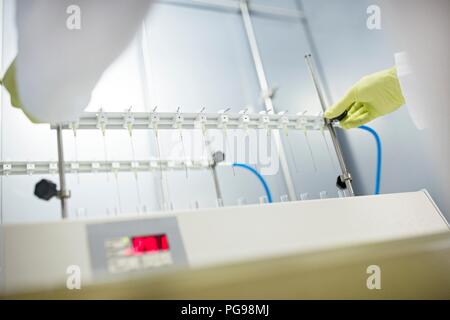 Solid phase extraction (SPE) columns being placed on a stand. SPE is ...
