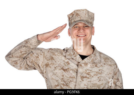 Saluting and smiling army soldier studio shoot Stock Photo - Alamy