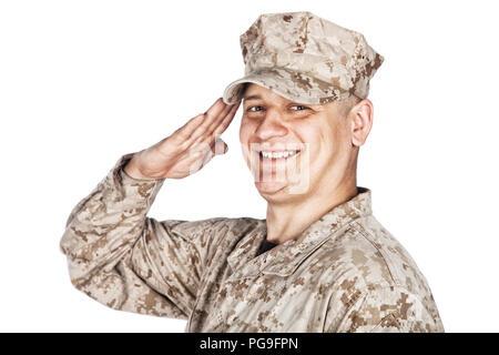 Saluting and smiling army soldier studio shoot Stock Photo - Alamy