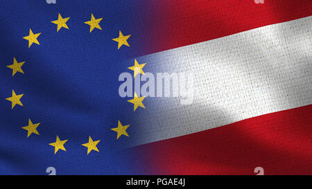 Austria and European Union flags waving together on a clear day ...