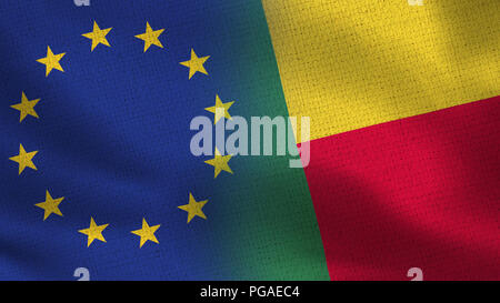 European Union and Benin flags waving together in the wind on blue ...