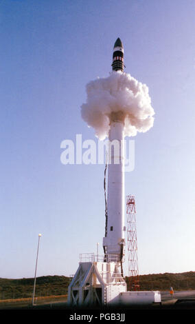An MGM-118A Peacekeeper international ballistic missile emerges from ...