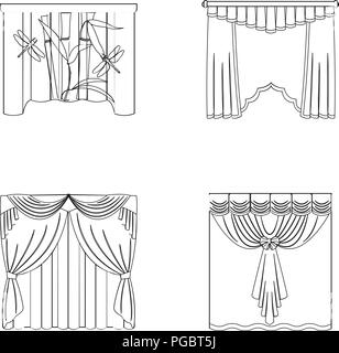 Curtains, stick, cornices, and other icon in outline,flat style.Bow ...