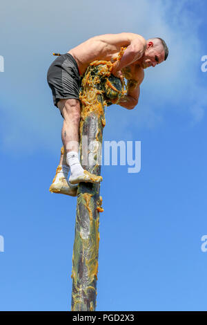 Irvine, UK. 25th Aug 2018. Climbing the greasy pole, a 10 metre ...
