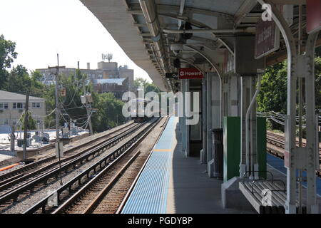 CTA Red line Howard Street public train station on a sunny summer day ...