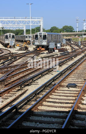 CTA Red line Howard Street public train station and rail yard on a ...
