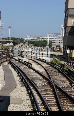 CTA Red line Howard Street public train station and rail yard on a ...