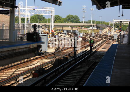 CTA Red line Howard Street public train station and rail yard on a ...