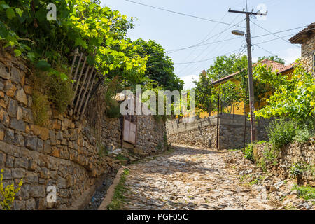 Lin, Albania- 27 June 2014: View of the fishing and leisure village of ...