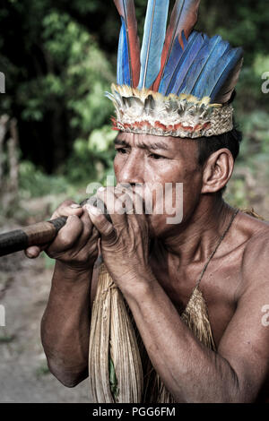 Bora tribesman with blow dart in the Amazon rain forest, Peru Stock ...
