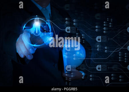 engineer pushing start button on touch screen computer interface Stock ...