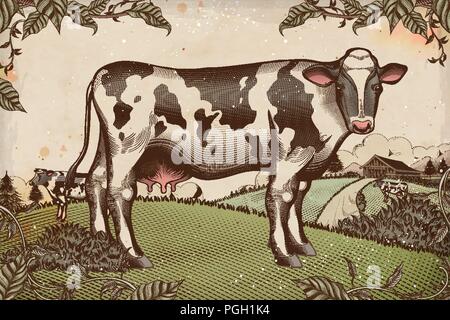 Engraving style dairy cattle and farmland design element Stock Vector ...