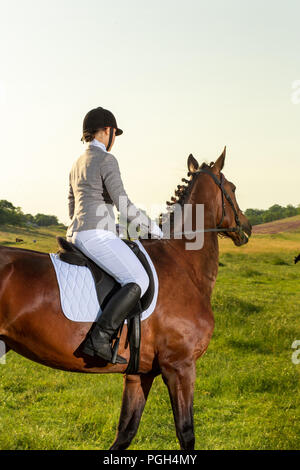 Young dressage lady rider on back of her German horse wearing riding ...