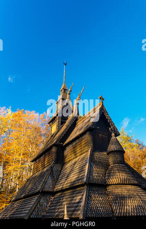 Fantoft Stave Church in Bergen at dusk, Norway Stock Photo - Alamy