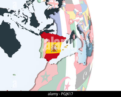 Spain on bright political globe with embedded flag. 3D illustration ...